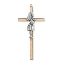 7" Gold Finish Pearlized Metal Cross with Pewter Communion Girl Figure ...