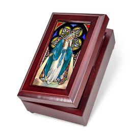 Mahogany Our Lady of Grace Stained Glass Music Box - William J Hirten Co