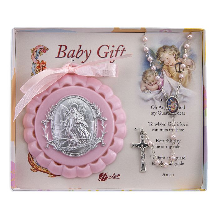 3 1/2" Pink Guardian Angel Crib Medal with 4mm Pink Pearlized Rosary ...